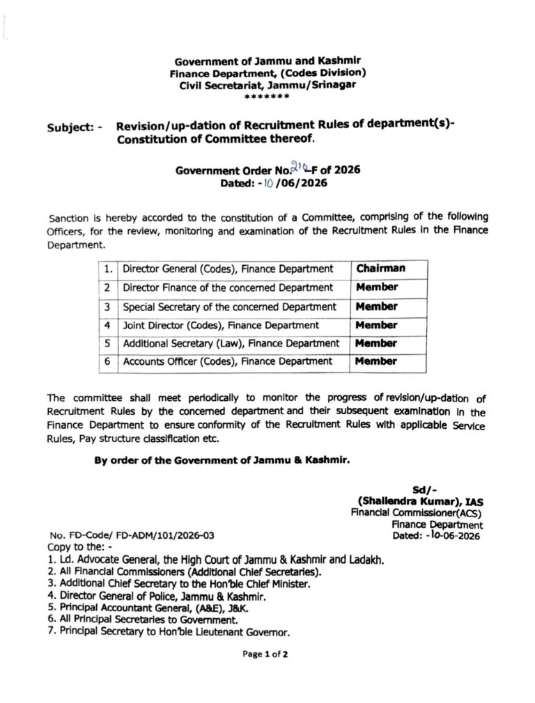 Committee Constituted To Review Recruitment Rules In J&K Departments ...