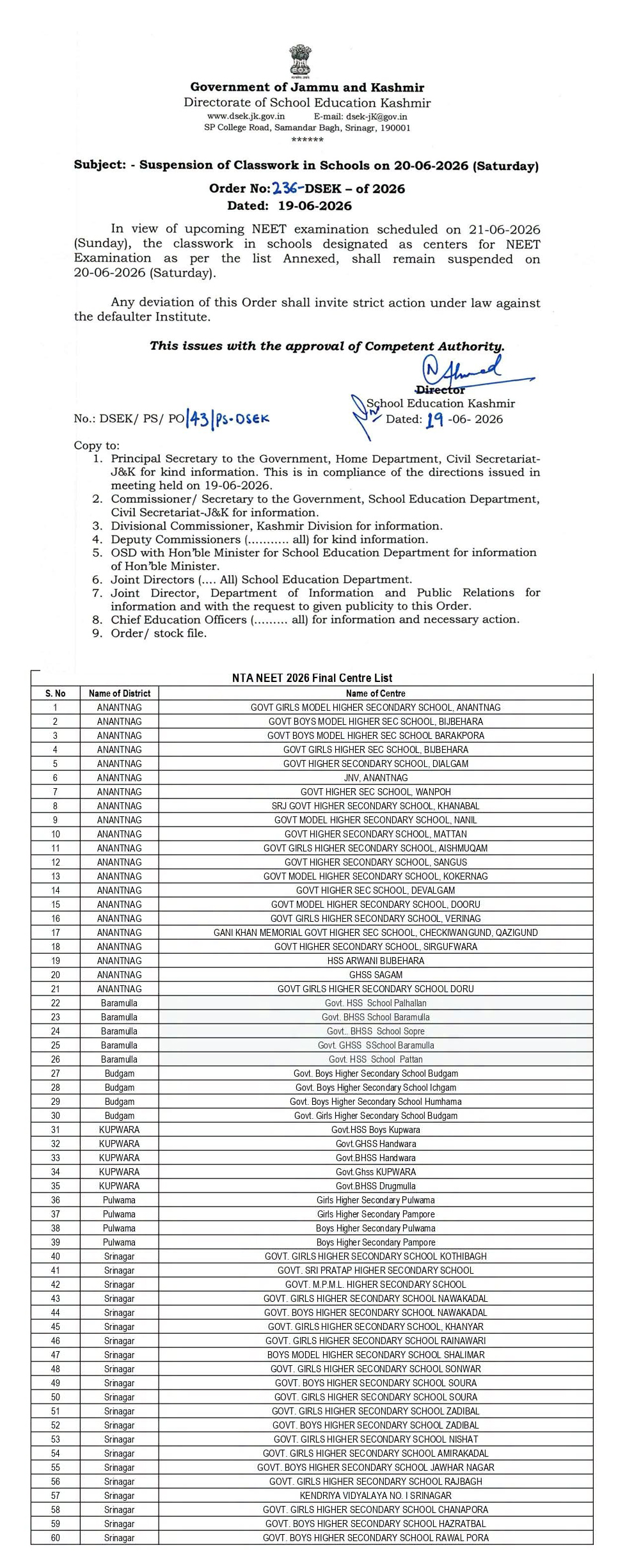 Classwork In 60 Kashmir Schools To Remain Suspended On June 20 Ahead Of ...